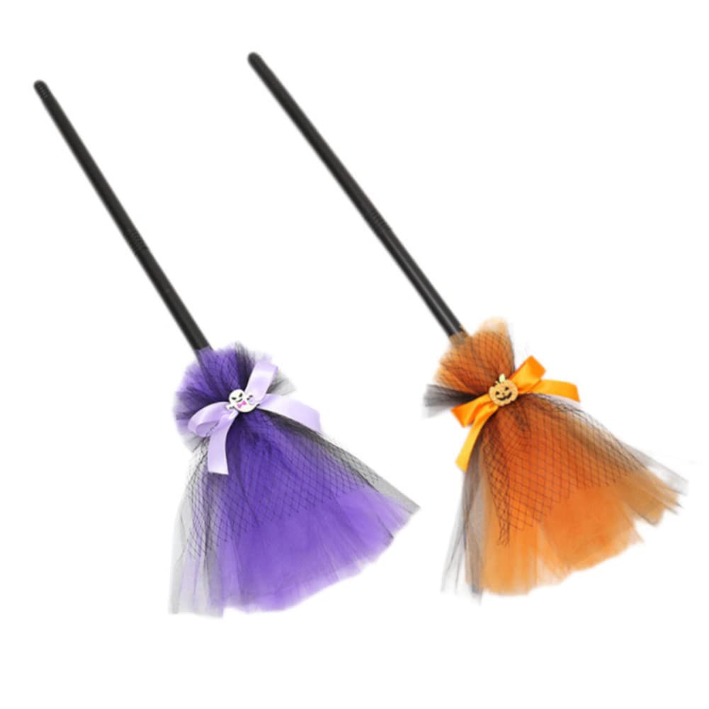 2pcs Halloween Witch Broom, Kids Cosplay Broom Prop Plastic Broom Props Witch Flying Broomstick with Adjustable Handle for Halloween Costume Party Supplies (Orange, Purple)