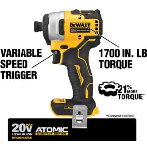 DEWALT ATOMIC 20V-Max Brushless/Cordless Compact 1/4 in. Impact Driver Kit w/Charger, 2.0Ah-Battery, Bag&Belt Clip