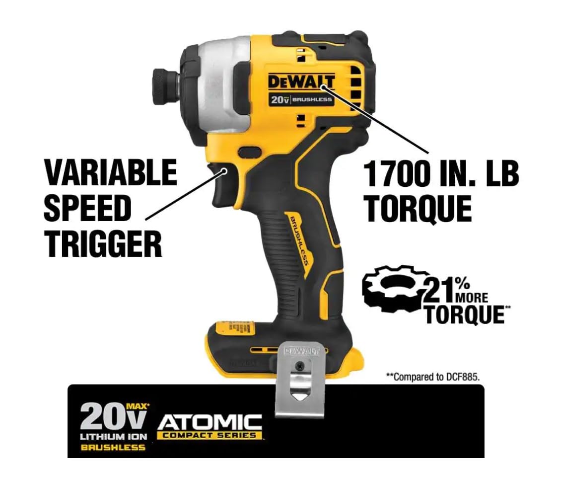 DEWALT ATOMIC 20V-Max Brushless/Cordless Compact 1/4 in. Impact Driver Kit w/Charger, 2.0Ah-Battery, Bag&Belt Clip