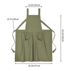 Pinknoke Cotton Linen Pinafore Apron Dress for Women with Pockets Cute Art Chef Aprons for Kitchen Baking Gardening Painting (Olive Green)