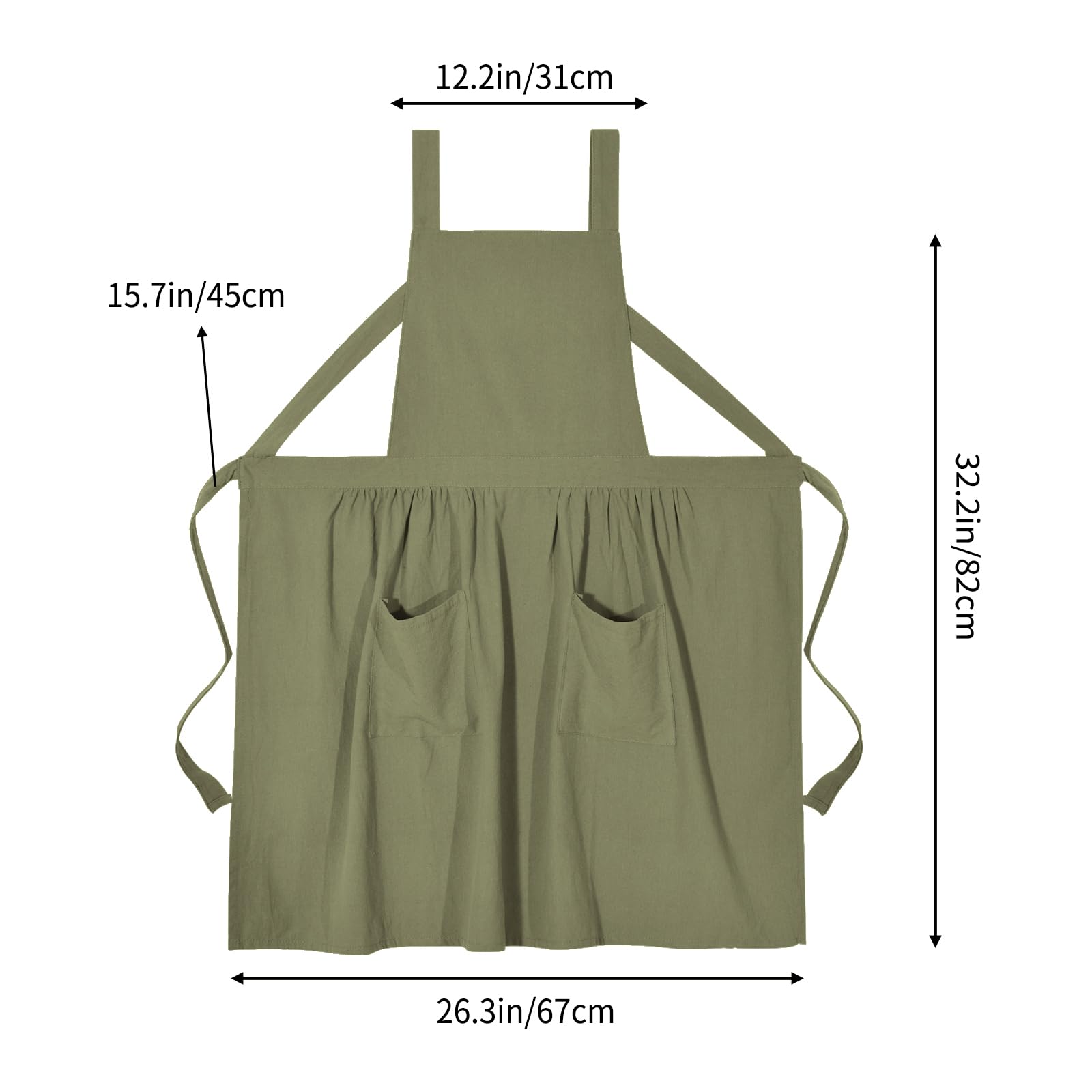 Pinknoke Cotton Linen Pinafore Apron Dress for Women with Pockets Cute Art Chef Aprons for Kitchen Baking Gardening Painting (Olive Green)