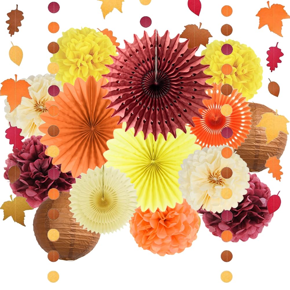 Fall Party Decorations Orange Burgundy Paper Fans Yellow Paper Pom Poms Paper Lanterns Maple Leaf Garland Circle Dot for Autumn Harvest Birthday Fall Bridal Shower Baby Shower Thanksgiving Party Decor