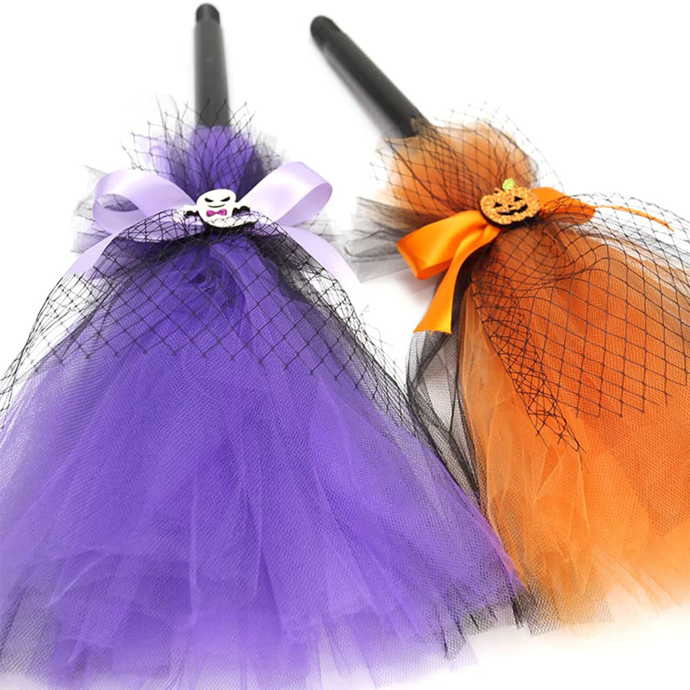 2pcs Halloween Witch Broom, Kids Cosplay Broom Prop Plastic Broom Props Witch Flying Broomstick with Adjustable Handle for Halloween Costume Party Supplies (Orange, Purple)