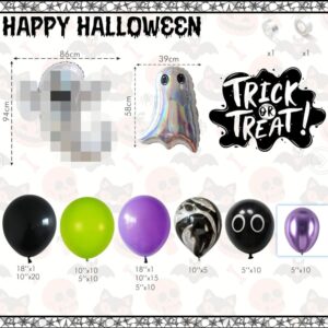 Halloween Balloon Arch Kit, Purple and Black Balloon Halloween Balloon Garland with Ghost Spider Foil Balloons, Black Eye Print Latex Balloons Green Balloons for Halloween Party Decorations Supplies