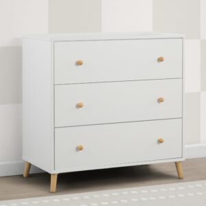 Delta Children Essex 3 Drawer Dresser with Interlocking Drawers, Bianca White/Natural