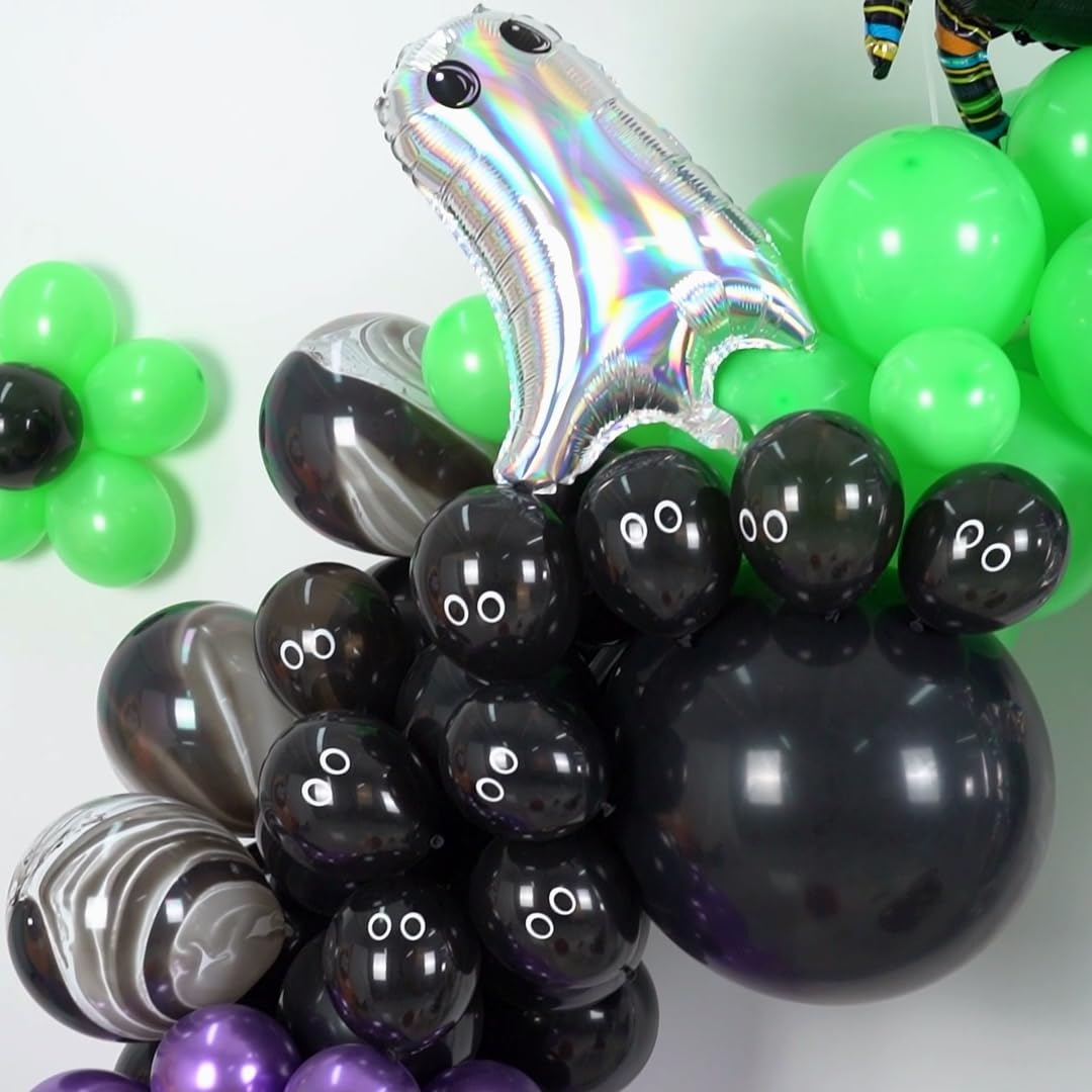 Halloween Balloon Arch Kit, Purple and Black Balloon Halloween Balloon Garland with Ghost Spider Foil Balloons, Black Eye Print Latex Balloons Green Balloons for Halloween Party Decorations Supplies