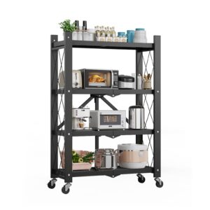 pokfeic all-in-one heavy duty storage shelving unit, foldable storage shelves with wheels, 4-tire utility rolling cart, foldable easy to install metal standing shelf, max loading 400lbs (black)