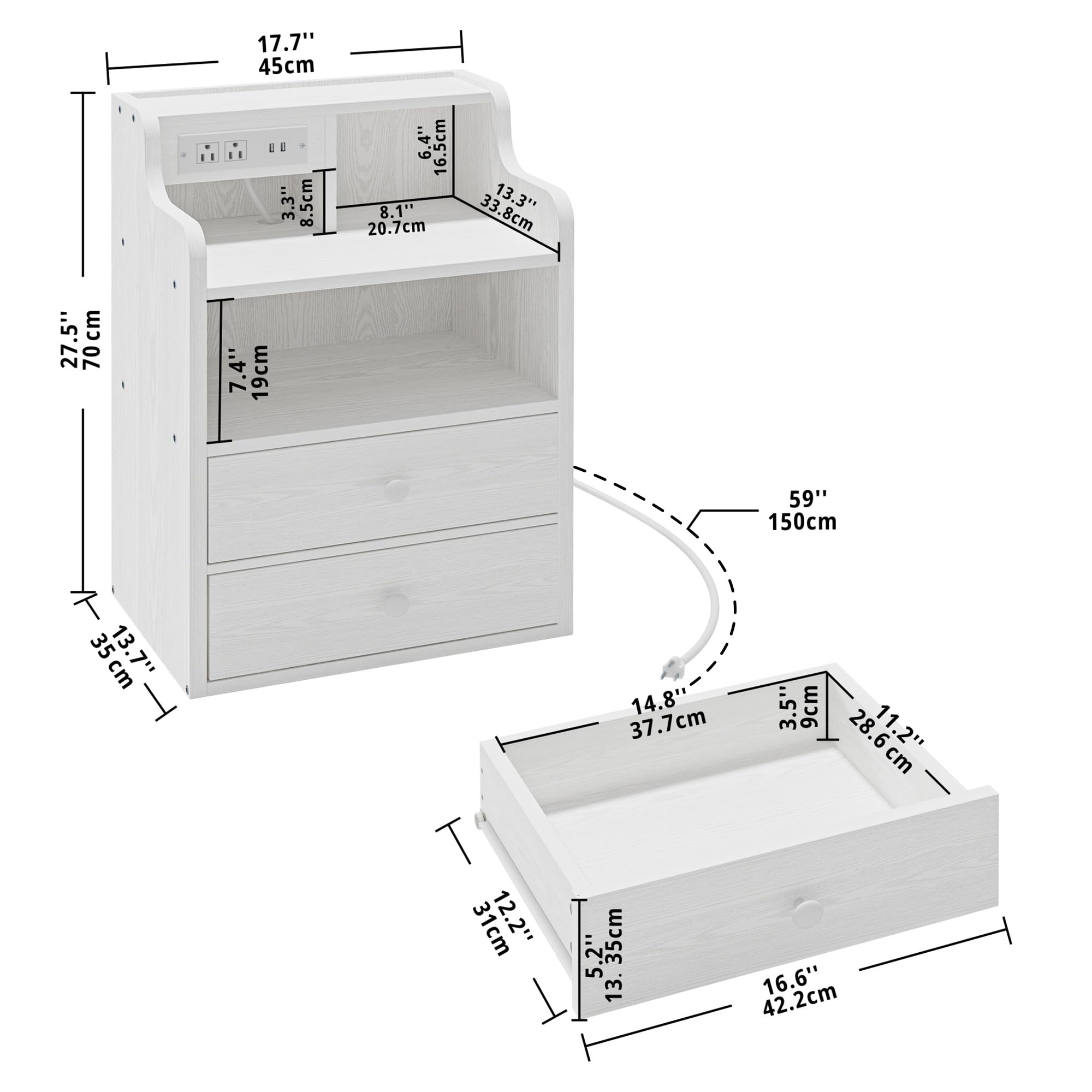 LIKIMIO White Nightstand with Charging Station 2 Drawers and Storage Shelves, Left and Right Interchangeable Sockets Bed Side Table Night Stand with Drawer