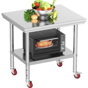 yitahome nsf stainless steel table, 30" x 24" work table with wheels, 2 shelves metal table prep table for home kitchen restaurant garage warehouse outdoor