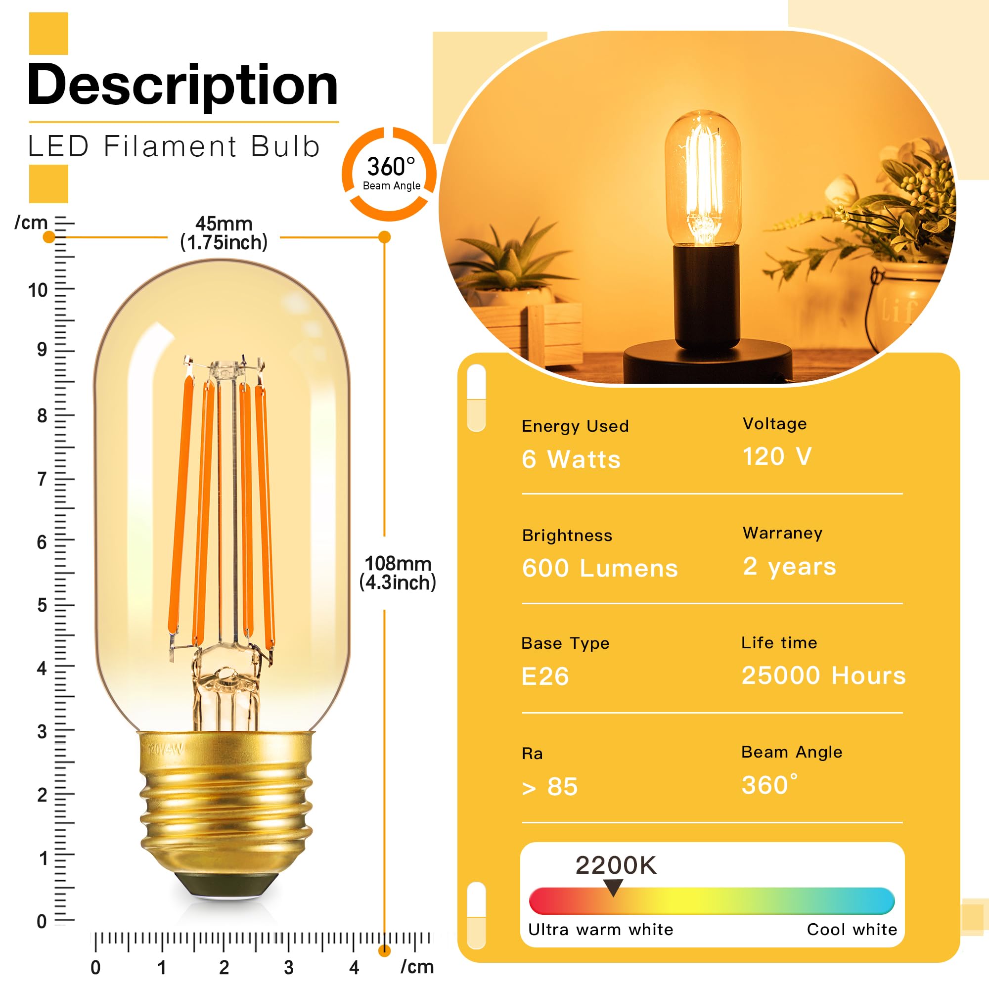 Genixgreen Dimmable E26 LED Bulb 60 Watt Equal 6W Amber Tube Light Bulb, T14/T45 Vintage Filament Edison Bulb for Wall Sconces Ceiling Fan, Pendant Warm White 600Lm,Soft White 2200K,120V 4 Pack