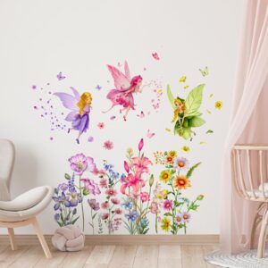 Supzone Flower Fairy Wall Stickers Butterfly Girl Wall Decals Removable Vinyl Wall Art Sticker for Girls Baby Nursery Kids Bedroom Living Room Bathroom Wall Decor Mural