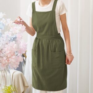 Pinknoke Cotton Linen Pinafore Apron Dress for Women with Pockets Cute Art Chef Aprons for Kitchen Baking Gardening Painting (Olive Green)