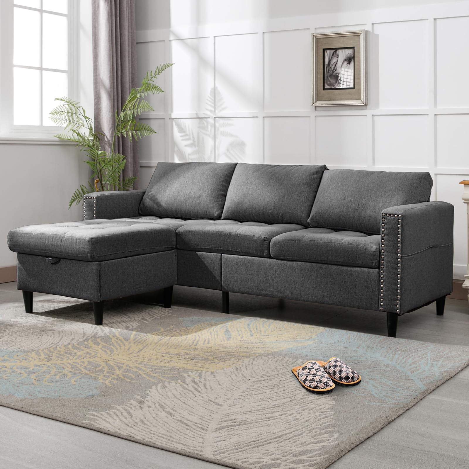 ijuicy 77" Sectional Sofa Couch with Storage Ottoman, 3 Seat L Shaped Sectional Couch, Modern Linen Rivet Tufted Small Couches for Living Room, Apartment & Small Space (Dark Grey)