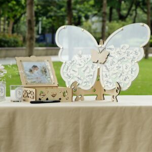 OurWarm Wedding Guest Book Alternative, Wooden Butterfly Wedding Decor Guest Book with 50 Hearts, 50 Butterflies, Marker Pen, Wedding Decorations for Reception Wedding Signs for Anniversary, Ceremony