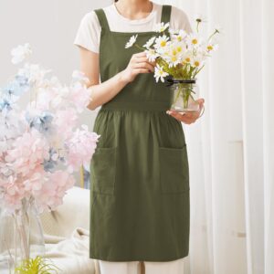 Pinknoke Cotton Linen Pinafore Apron Dress for Women with Pockets Cute Art Chef Aprons for Kitchen Baking Gardening Painting (Olive Green)