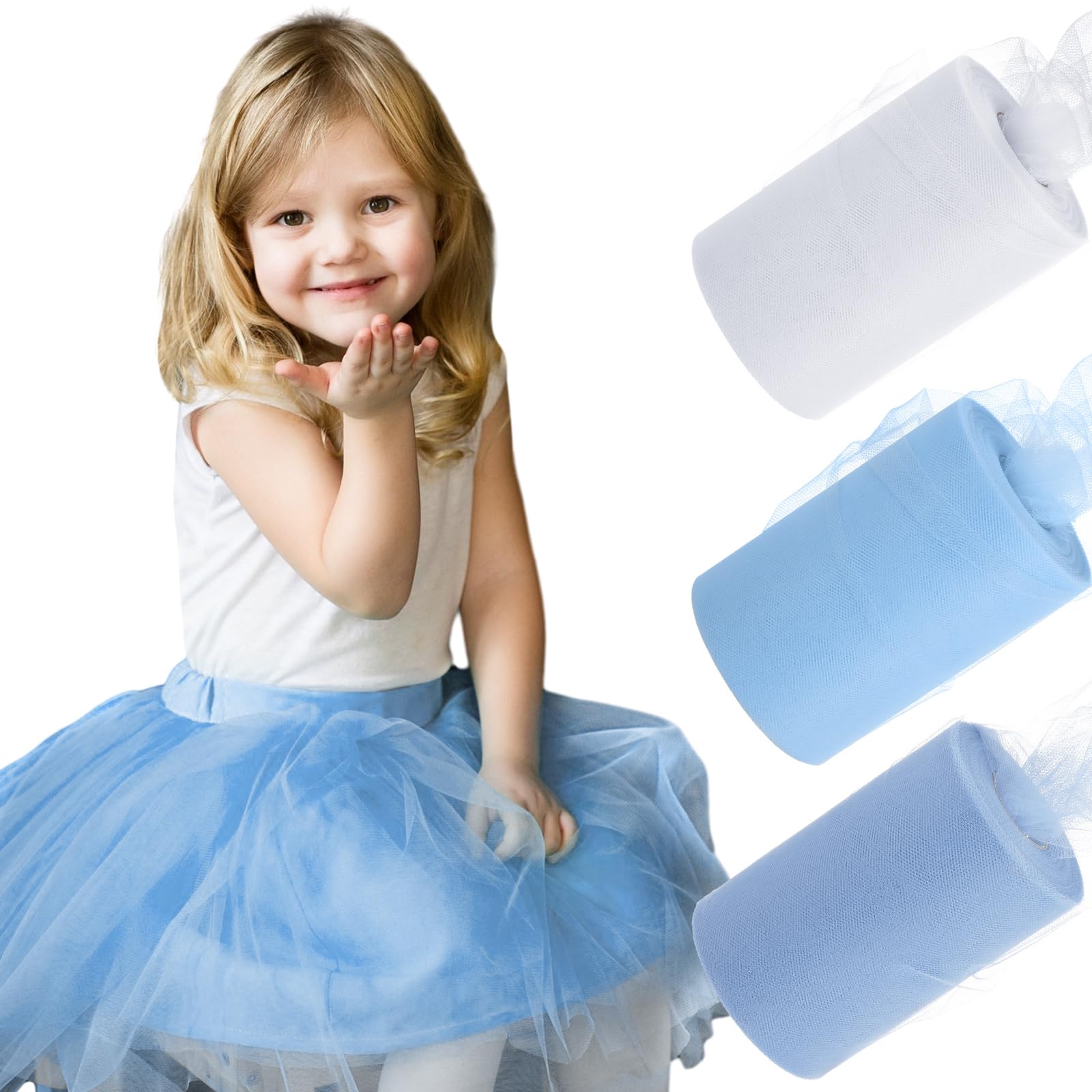 3 Rolls Blue Tulle Tulle Fabric 6 Inch by 100 Yards Tulle Roll Tulle Dress for Girls Tulle Ribbon for Tutu Bow Birthday Baby Shower Wedding Party Decoration(White,Light Blue,Dark Blue,6" x300 Yard)