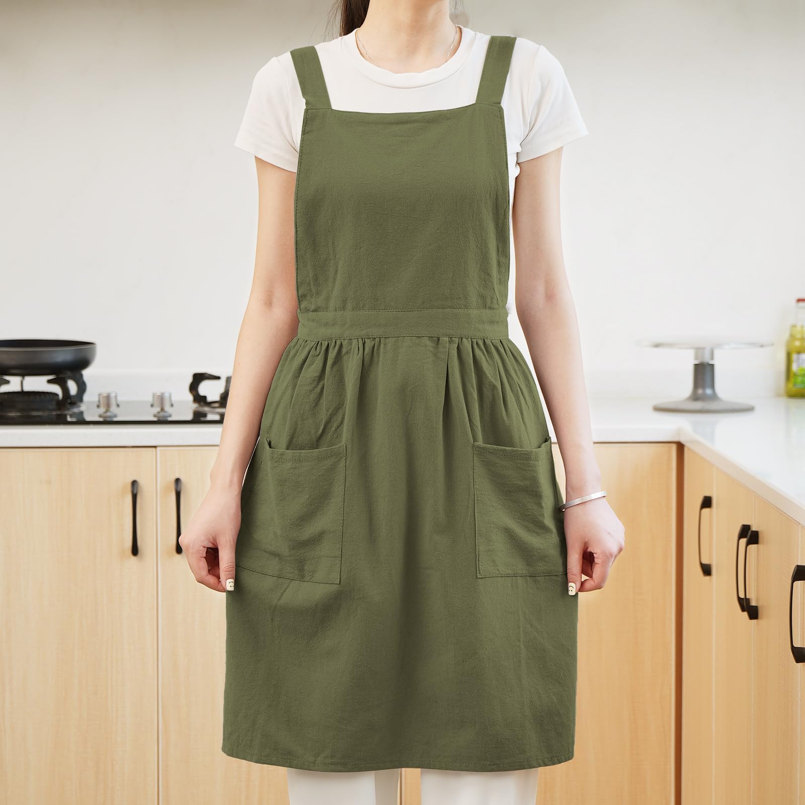 Pinknoke Cotton Linen Pinafore Apron Dress for Women with Pockets Cute Art Chef Aprons for Kitchen Baking Gardening Painting (Olive Green)