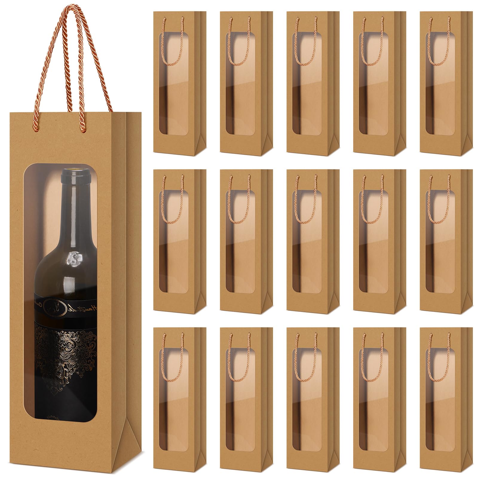 Tioncy 24 Pcs Wine Gift Bag Clear Window Wine Bags for Wedding Gifts Bottle Wine Bags with Handles Reusable Flower Wine Bags Bulk for Christmas Thanksgiving New Year Holiday Birthday(Brown)