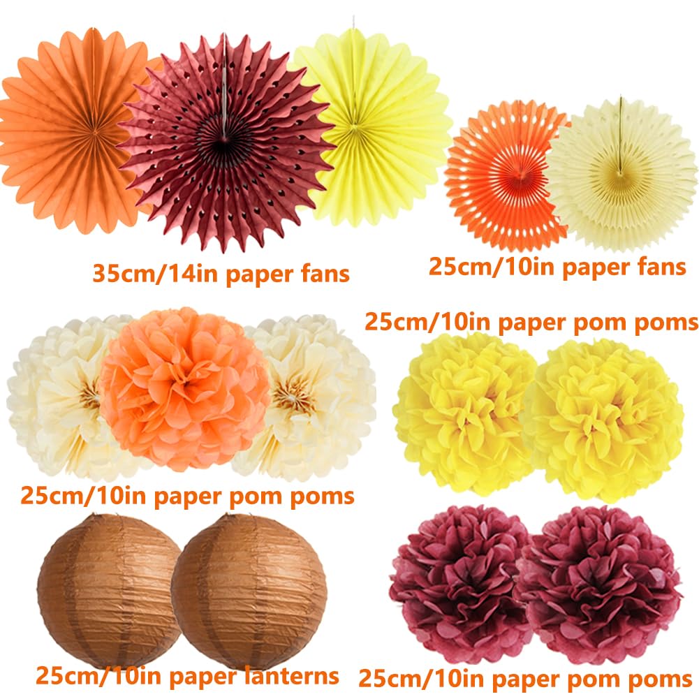 Fall Party Decorations Orange Burgundy Paper Fans Yellow Paper Pom Poms Paper Lanterns Maple Leaf Garland Circle Dot for Autumn Harvest Birthday Fall Bridal Shower Baby Shower Thanksgiving Party Decor