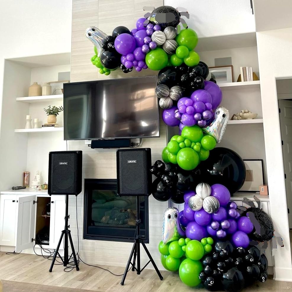 Halloween Balloon Arch Kit, Purple and Black Balloon Halloween Balloon Garland with Ghost Spider Foil Balloons, Black Eye Print Latex Balloons Green Balloons for Halloween Party Decorations Supplies