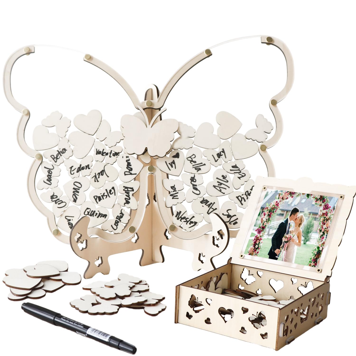 OurWarm Wedding Guest Book Alternative, Wooden Butterfly Wedding Decor Guest Book with 50 Hearts, 50 Butterflies, Marker Pen, Wedding Decorations for Reception Wedding Signs for Anniversary, Ceremony