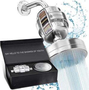 (official) shower envy 5.0 showerhead by ecowater - filtered shower head + 15-stage shower filter with vitamin c + e for healthy skin, moisturized hair - 2 cartridges included - (full set)