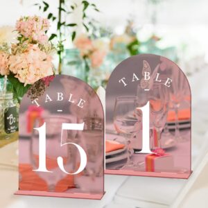 wedding table numbers, 1-15 mirror arch table numbers with stands, 5"x7" table number signs and holders perfect for wedding reception, event, party, restaurant (arch rosegold)