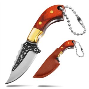 coowolf mini keychain knife, 3.35 inch stainless steel fixed blade knife with leather sheath, wood handle edc tiny knife for everyday use or collection