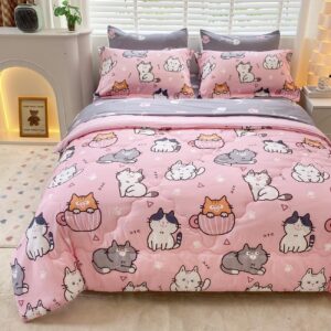 gusuhome 7 piece girls cats comforter set twin size bed in a bag pink cute cartoon pet cat bedding set for kids boys teens (1 comforter, 1 flat sheet, 1 fitted sheet, 4 pillow sham) gray