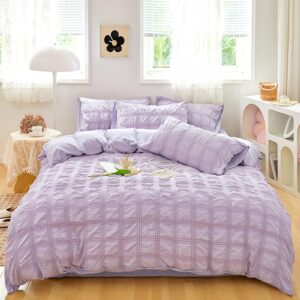 beyeutao seersucker duvet cover set king size purple seersucker duvet cover modern style textured bedding set 3 pcs breathable lightweight comforter cover with pillow shams.