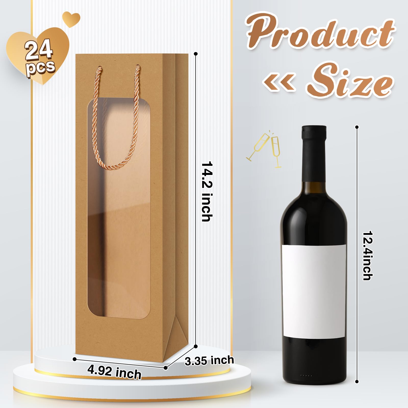 Tioncy 24 Pcs Wine Gift Bag Clear Window Wine Bags for Wedding Gifts Bottle Wine Bags with Handles Reusable Flower Wine Bags Bulk for Christmas Thanksgiving New Year Holiday Birthday(Brown)