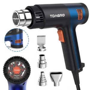 tdagro heat gun for crafting 1800w, 122℉~1202℉ variable temperature control with 2-temp settings 4 nozzles, 1.5s fast heating blue heat gun for resin, shrink pvc tubing/wrapping/crafts and vinyl wrap