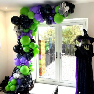 Halloween Balloon Arch Kit, Purple and Black Balloon Halloween Balloon Garland with Ghost Spider Foil Balloons, Black Eye Print Latex Balloons Green Balloons for Halloween Party Decorations Supplies