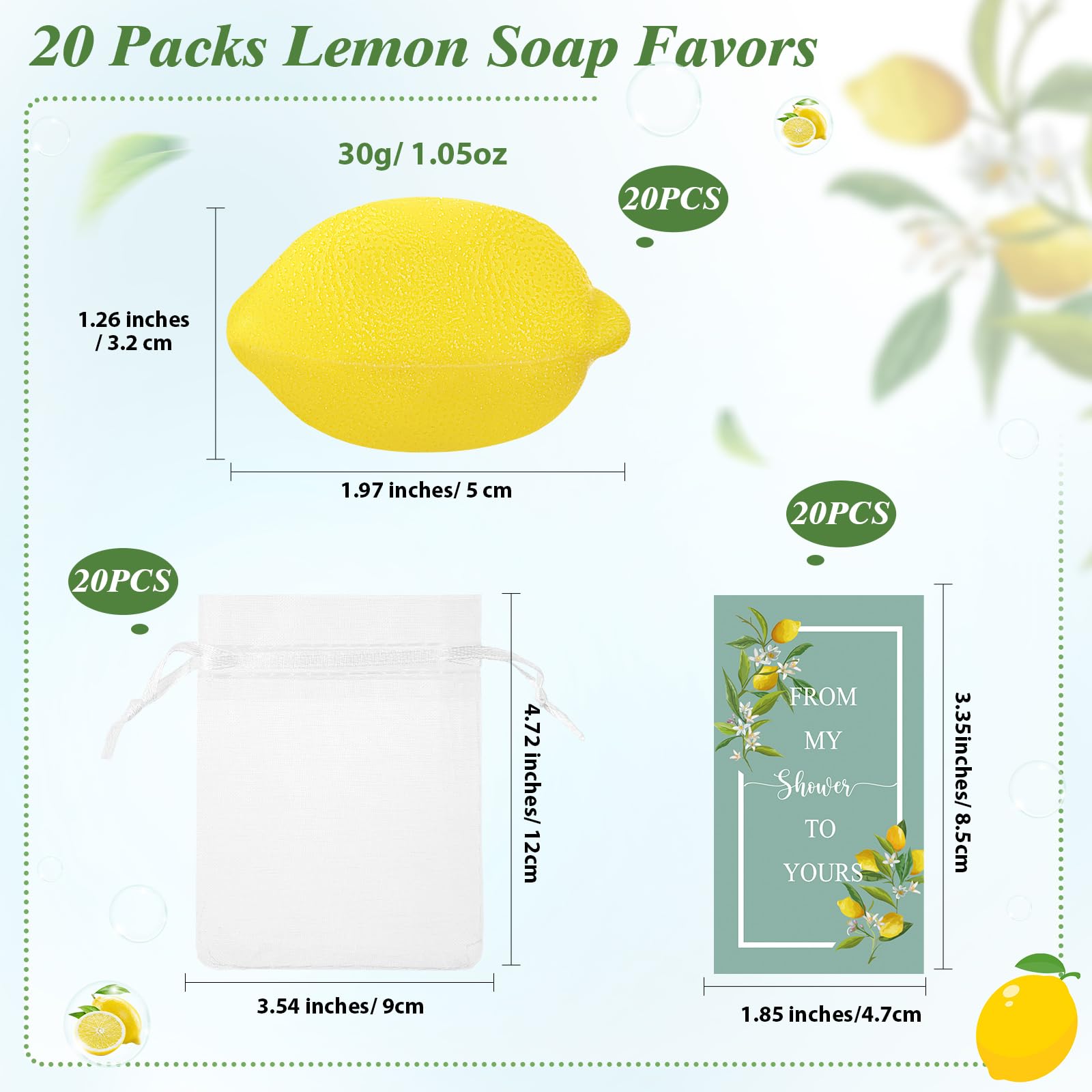 Lounsweer Set of 20 Wedding Lemon Soap Favors Mini Lemon Bridal Shower Favors Natural Lemon Shaped Soap Bar with from My Shower to Yours Cards and White Organza Bags for Baby Shower Decorations