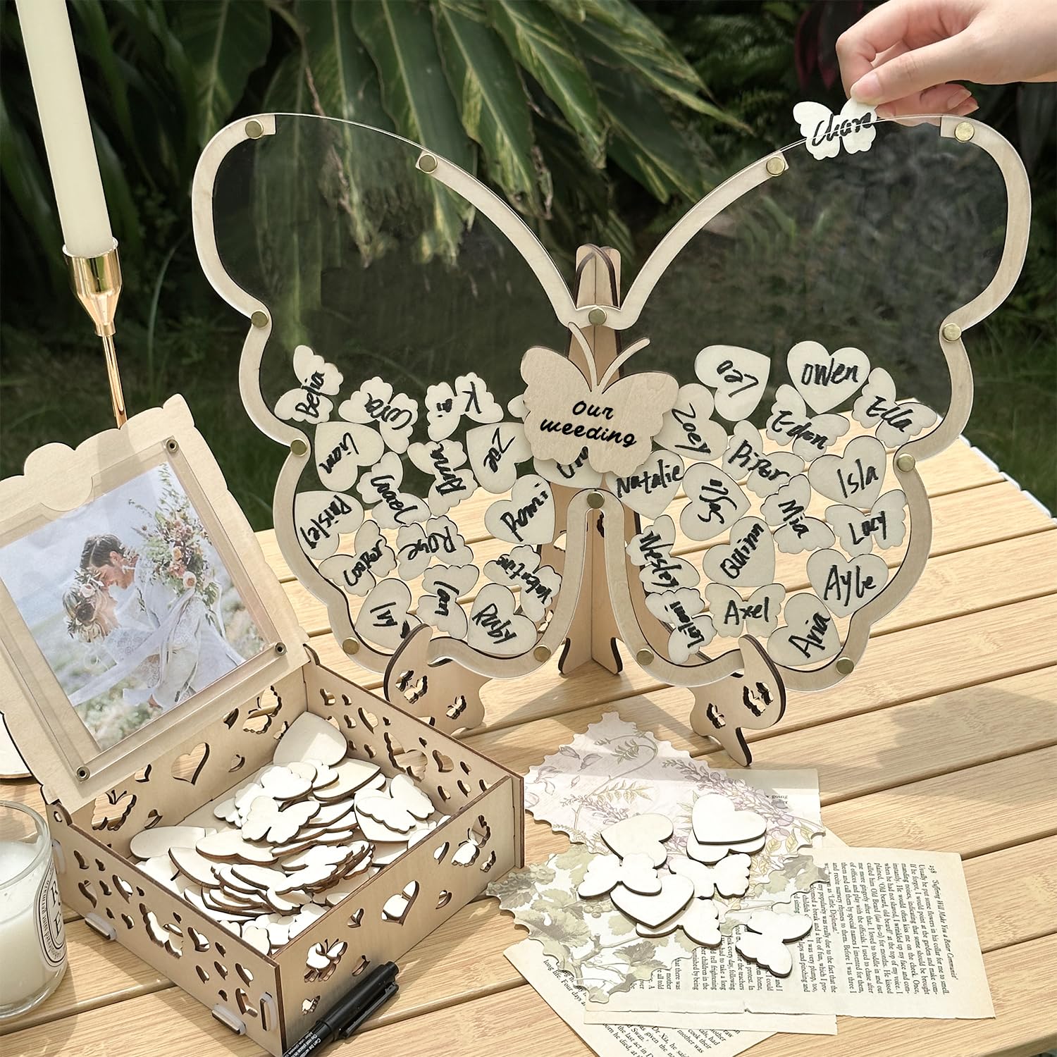 OurWarm Wedding Guest Book Alternative, Wooden Butterfly Wedding Decor Guest Book with 50 Hearts, 50 Butterflies, Marker Pen, Wedding Decorations for Reception Wedding Signs for Anniversary, Ceremony