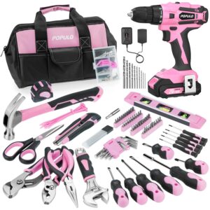 populo pink tool kit 236-piece with cordless 20v 2000mah power drill driver, lady's basic home tool set with 12-inch pink tool bag, electric drill sets combo kit for women, house, diy