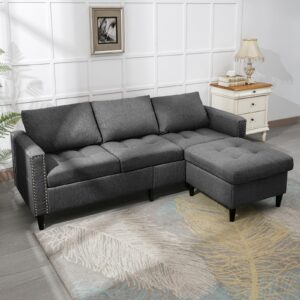 ijuicy 77" Sectional Sofa Couch with Storage Ottoman, 3 Seat L Shaped Sectional Couch, Modern Linen Rivet Tufted Small Couches for Living Room, Apartment & Small Space (Dark Grey)