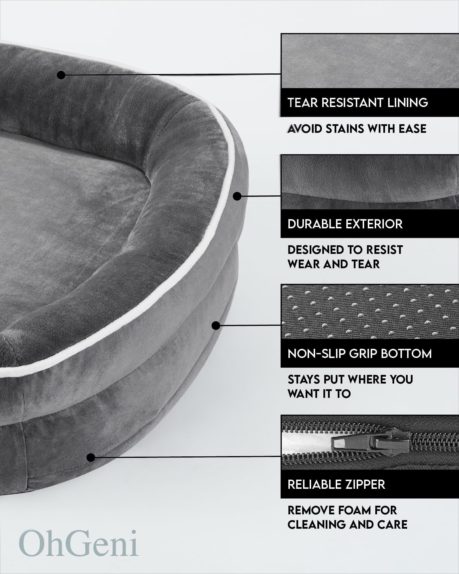 OhGeni Orthopedic Dog Bed for Large Dogs, Dog Couch Design with Egg Foam Support, Removable, Machine Washable Plush Cover and Non-Slip Bottom with Four Sided Bolster Cushion (Gray)