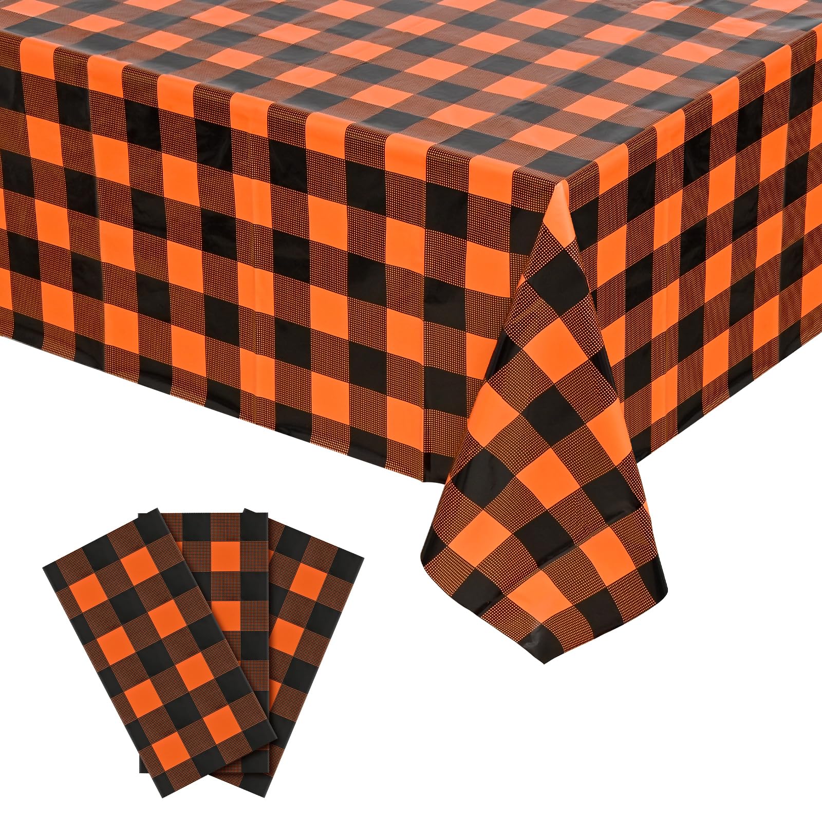 Vedran 3 Pack Halloween Plastic Tablecloth Decorations, Orange and Black Checkered Background Disposable Tablecloth, 54 x 108 Inch Rectangular Tablecloth for Halloween Party Decorations