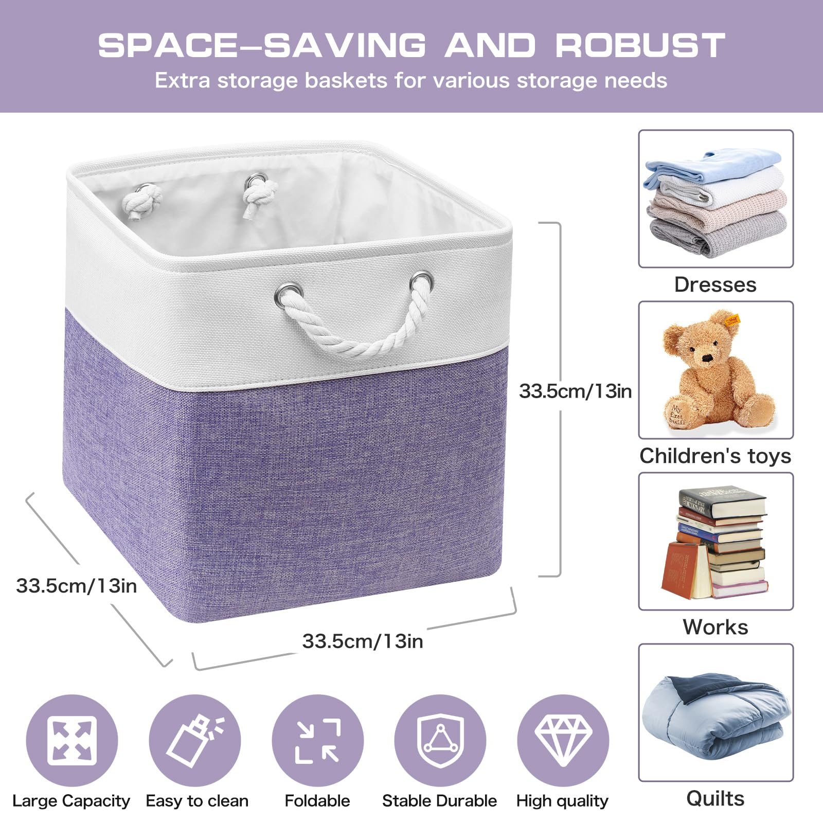 AUSSIY Cube Storage Bin, Collapsible Fabric Storage Bins With Handles, For Clothes Storage, Book , 13×13×13inches, Pack of 6 (White Purple)