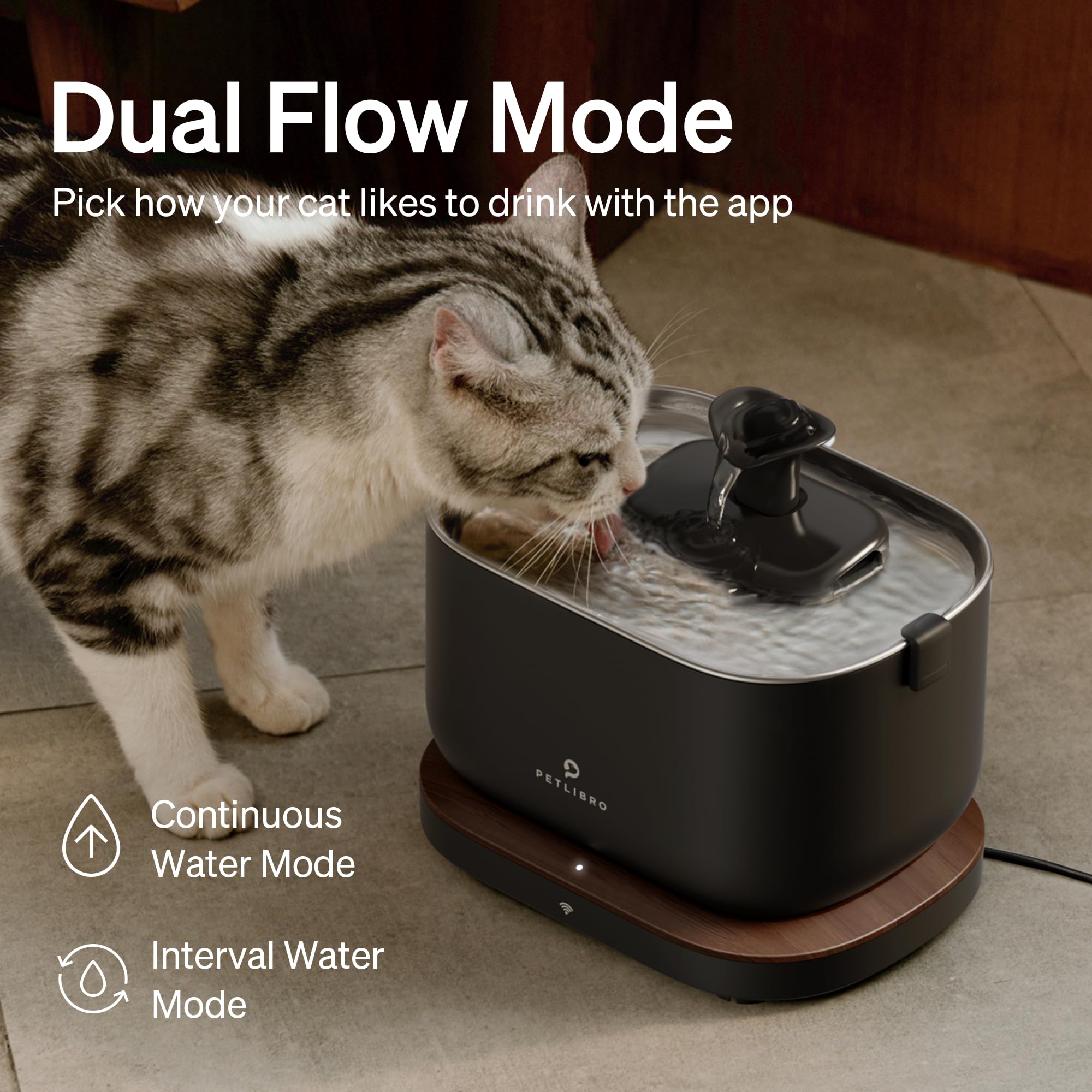 PETLIBRO App Monitoring Cat Water Fountain, 2.5L/84oz Dockstream Pet Water Fountains for Cats Indoor, Automatic Cat Water Dispenser for Drinking with 2.4G Wi-Fi, Smart Fountain, Stainless Steel Tray