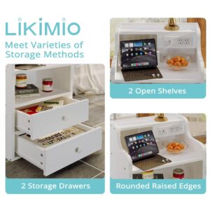 LIKIMIO White Nightstand with Charging Station 2 Drawers and Storage Shelves, Left and Right Interchangeable Sockets Bed Side Table Night Stand with Drawer