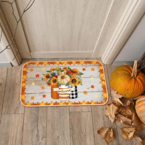 Suttmin 2 Pieces Thanksgiving Fall Kitchen Rugs Hello Fall Mats Pumpkin Sunflower Orange Maple Leaf Mat Floor Rug for Holiday Autumn Thanksgiving Home Decor, 17 x 29 Inches, 17 x 47 Inches