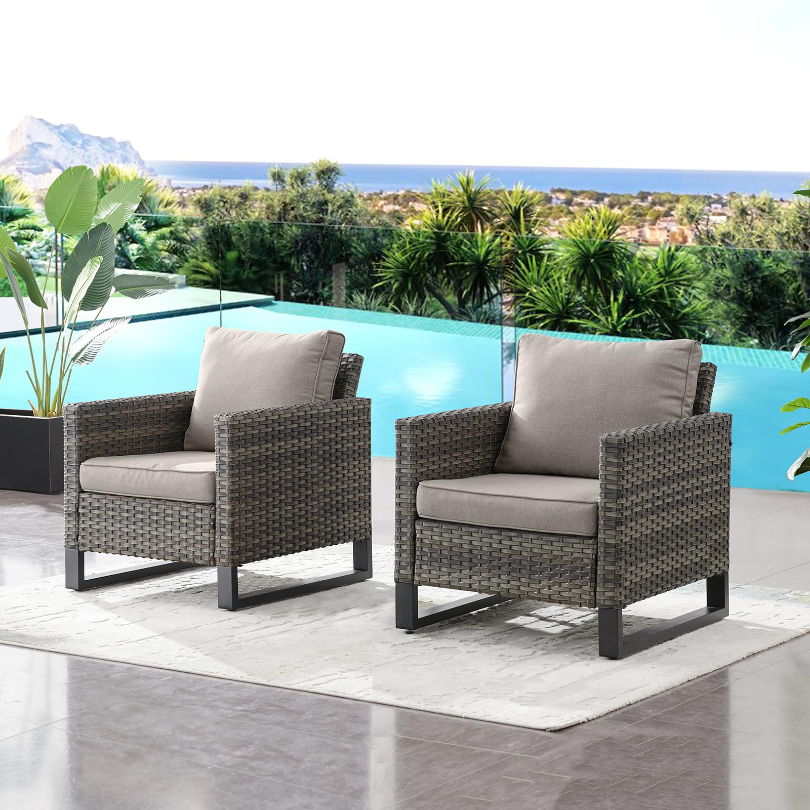 HUMMUH Outdoor Chairs PE Wicker Patio Dining Chairs Set of 2 High Back Metal Frame Porch Chairs with 4 inch Seat Cushions