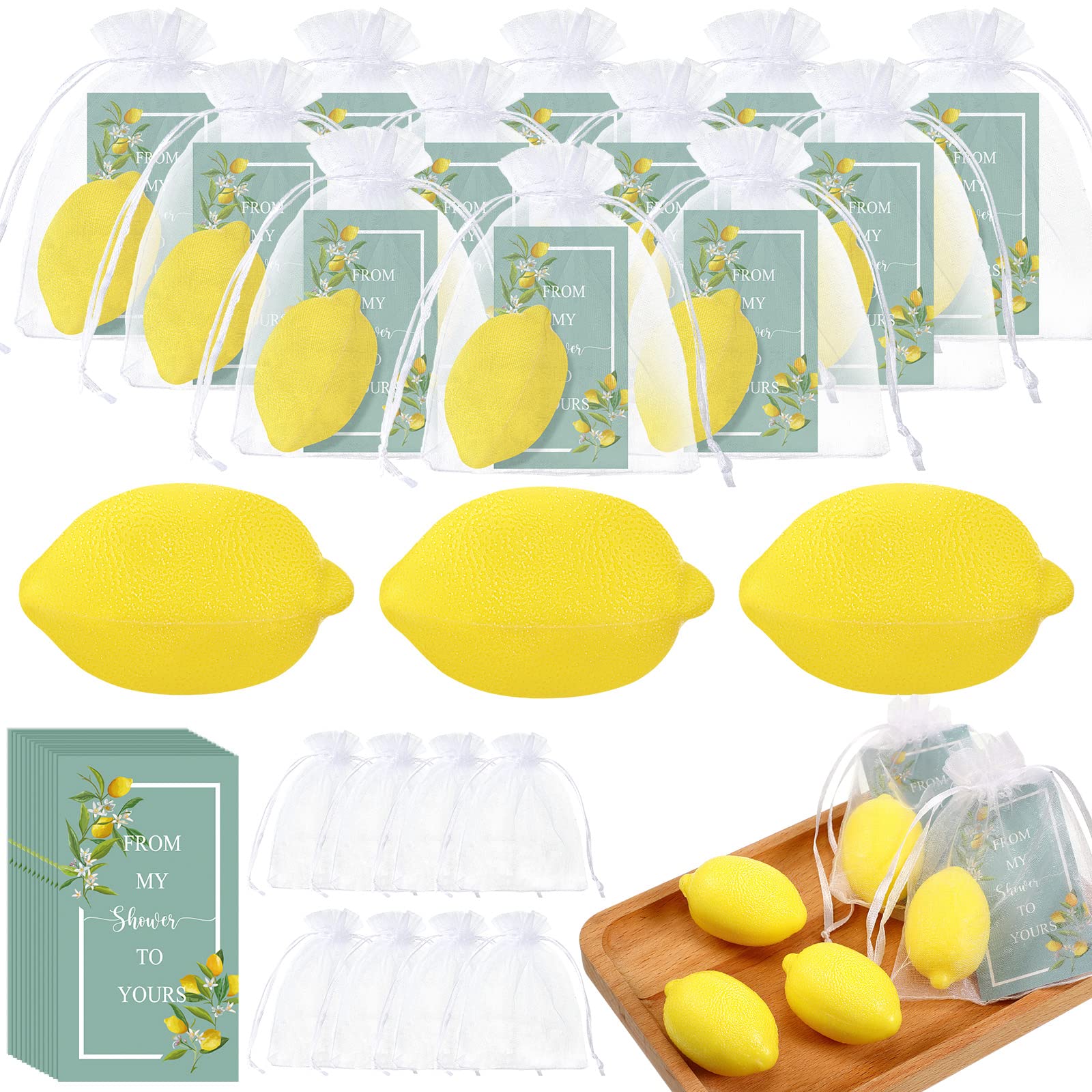 Lounsweer Set of 20 Wedding Lemon Soap Favors Mini Lemon Bridal Shower Favors Natural Lemon Shaped Soap Bar with from My Shower to Yours Cards and White Organza Bags for Baby Shower Decorations