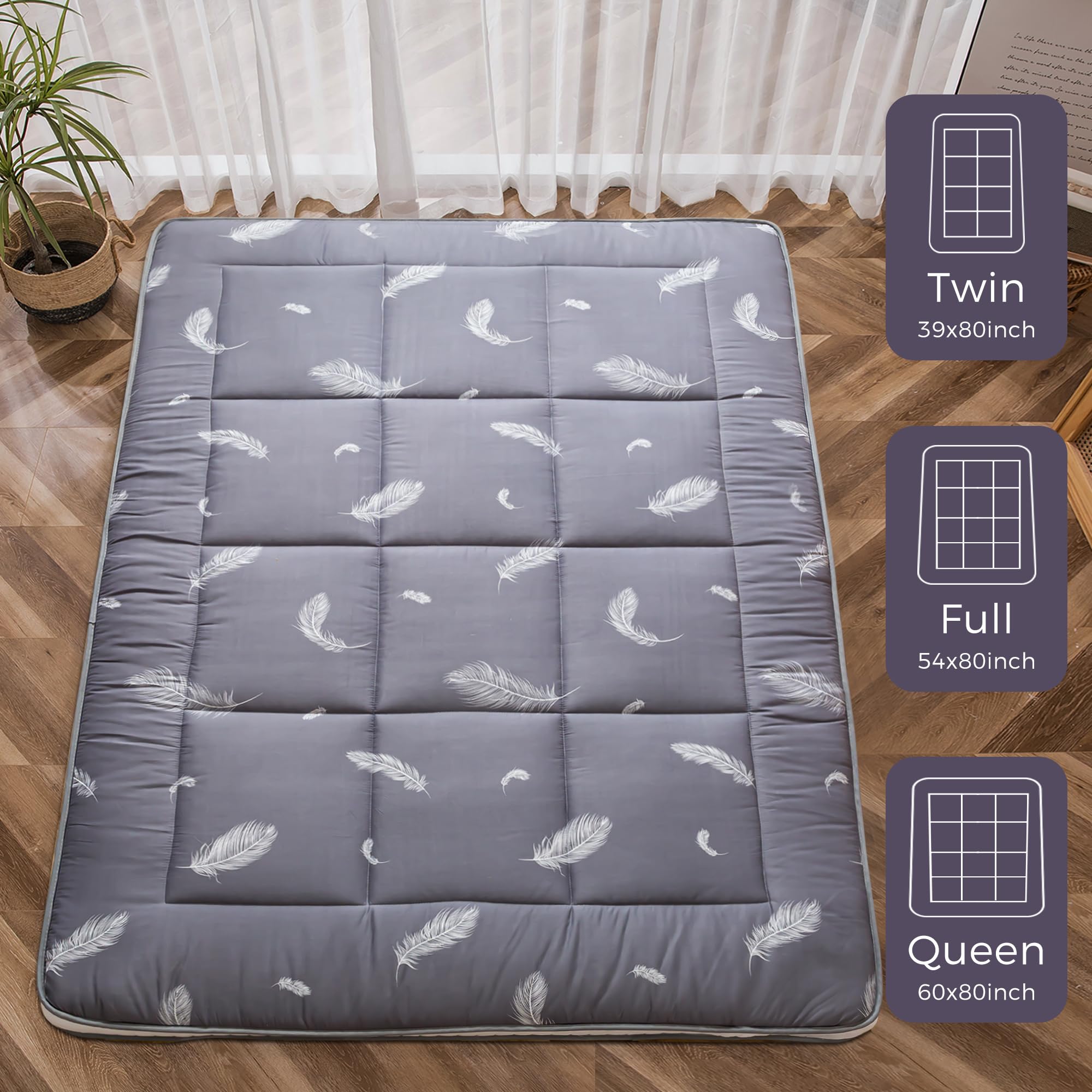 YOSHOOT 6 Inch Extra Thick Japanese Futon Floor Mattress, Foldable Mattress Tatami Pad Mattress for Adults Floor Bed Roll Up Mattress Guest Mattress, Grey Feather, Queen