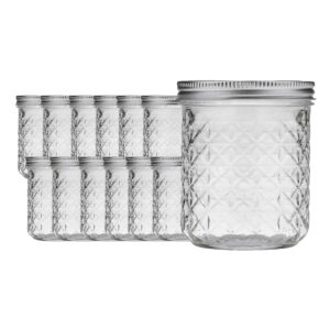 laiby ball quilted crystal jelly jars (case of 12), 8 oz glass jars with lids, canning lids wide mouth, storage glass jar with airtight lids and bands for preserving, jam, honey and jelly