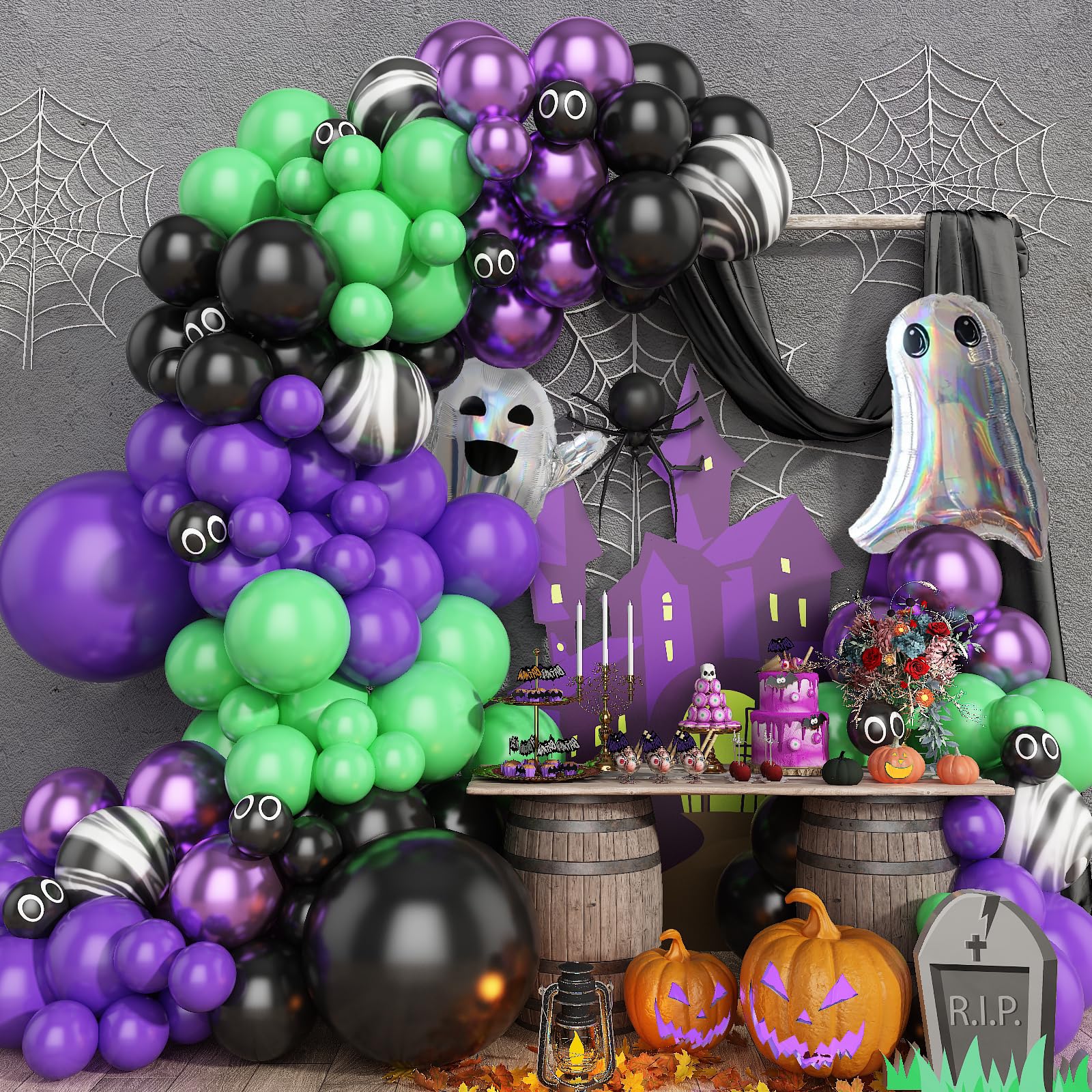 Halloween Balloon Arch Kit, Purple and Black Balloon Halloween Balloon Garland with Ghost Spider Foil Balloons, Black Eye Print Latex Balloons Green Balloons for Halloween Party Decorations Supplies