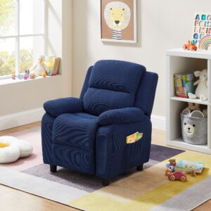 Ulax furniture Corduroy Kids Recliner Chair, Toddler Armrest Sofa Couch, Ergonomic Adjustable Lounge Sofa with Footrest, Padded Backrest, Storage Arms, Navy Recliner for Girls and Boys