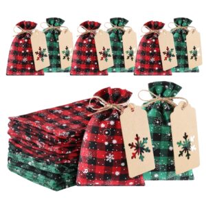 glyinnhe 36pcs christmas drawstring bag buffalo plaid xmas burlap bag with snowflake bulk jute gift goody treat bags with kraft tag for xmas holiday new year party favors supplies